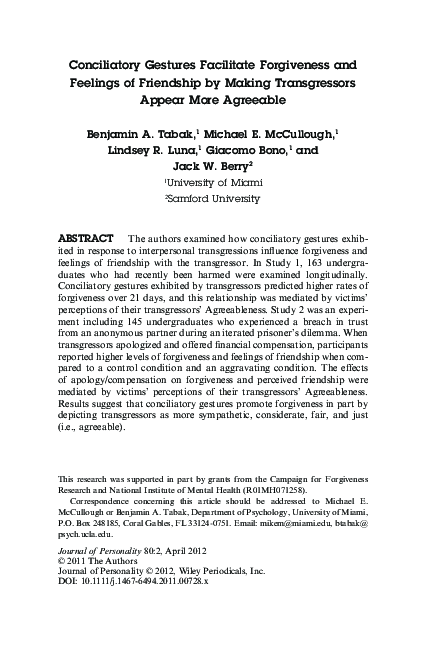 (PDF) Conciliatory Gestures Facilitate Forgiveness and Feelings of ...