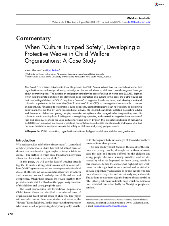 (PDF) When “Culture Trumped Safety”, Developing a Protective Weave in Child Welfare ...