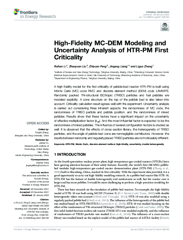 (PDF) High-Fidelity MC-DEM Modeling and Uncertainty Analysis of HTR-PM First Criticality