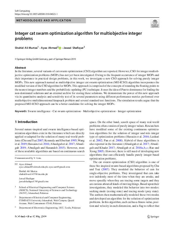 (PDF) Integer cat swarm optimization algorithm for multiobjective integer problems