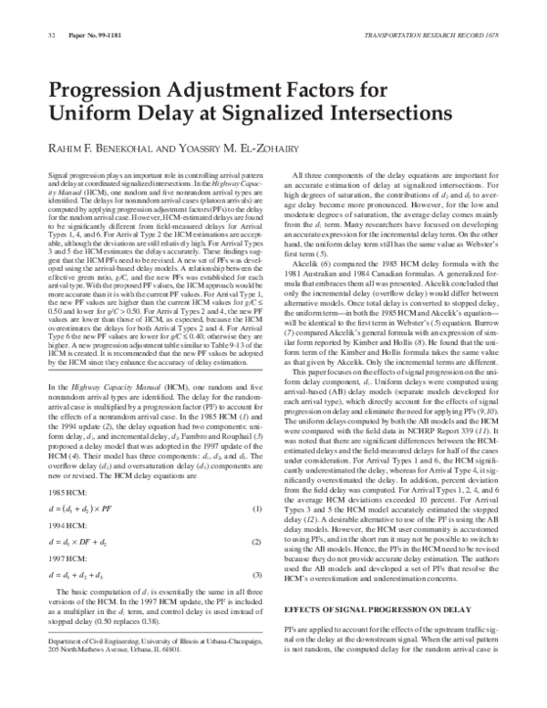 (PDF) Progression Adjustment Factors for Uniform Delay at Signalized Intersections