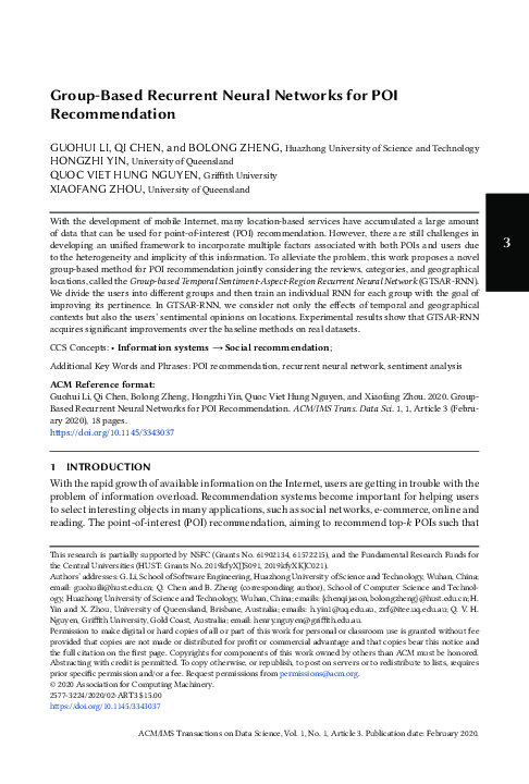 Pdf Group Based Recurrent Neural Networks For Poi Recommendation Hongzhi Yin