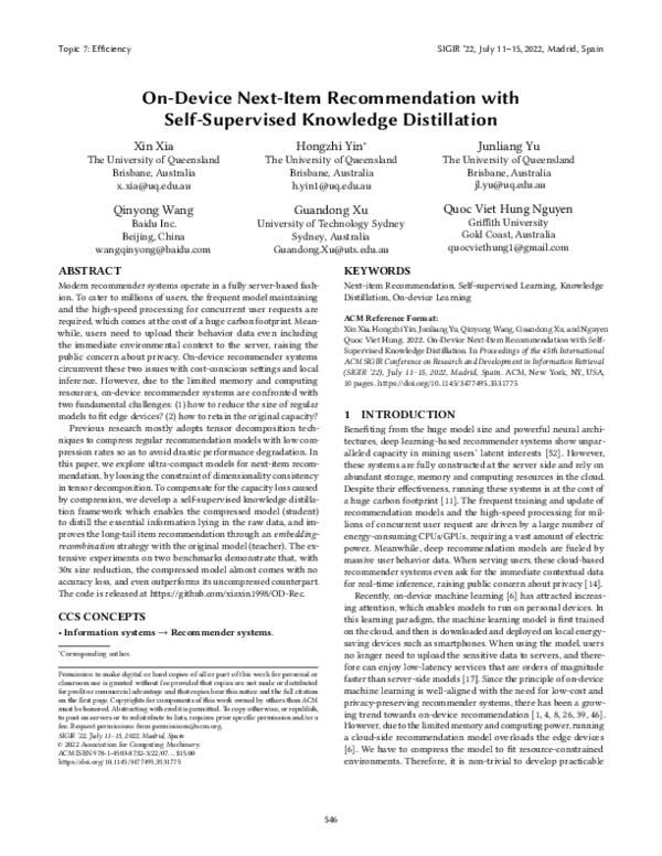 (PDF) On-Device Next-Item Recommendation with Self-Supervised Knowledge Distillation