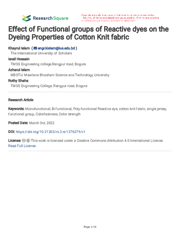 (PDF) Effect of Functional groups of Reactive dyes on the Dyeing Properties of Cotton Knit fabric
