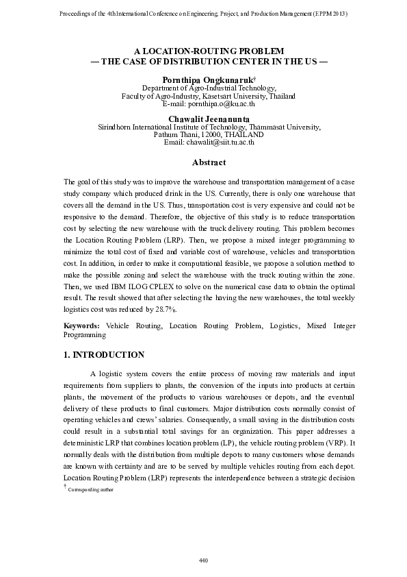 Pdf A Location Routing Problem ― The Case Of Distribution Center In