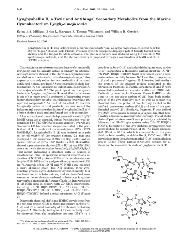 (PDF) Lyngbyabellin B, a Toxic and Antifungal Secondary Metabolite from ...