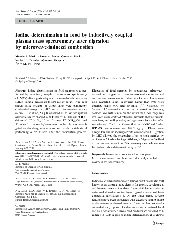 (PDF) Iodine determination in food by inductively coupled plasma mass ...