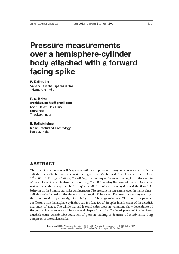 (PDF) Pressure measurements over a hemisphere-cylinder body attached ...