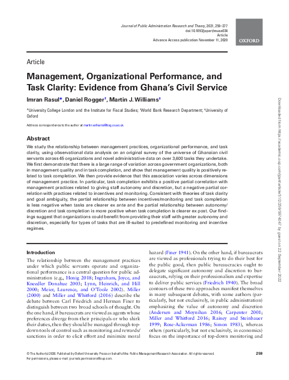 (PDF) Management, Organizational Performance, and Task Clarity: Evidence from Ghana’s Civil Service