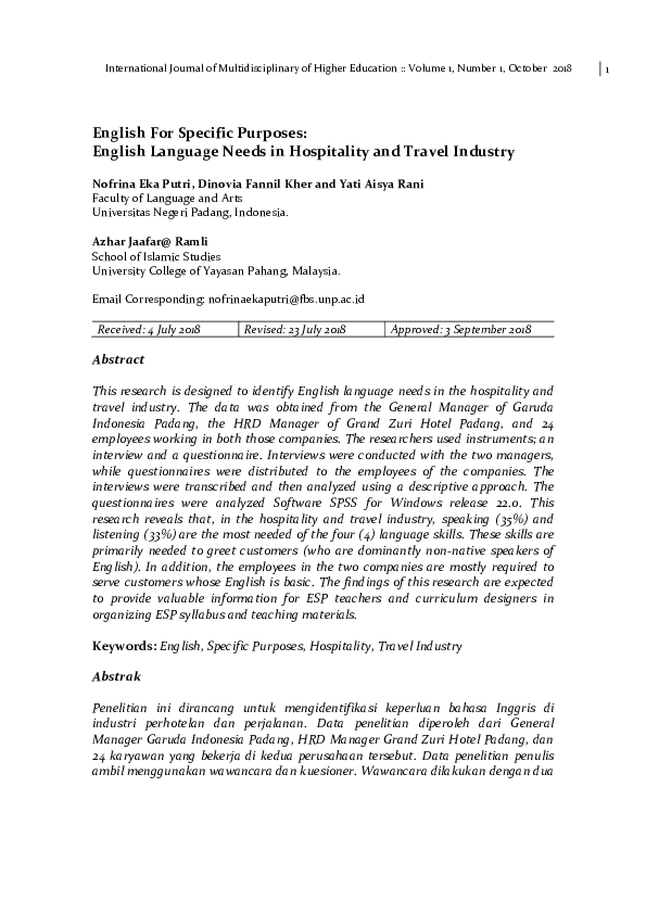 (PDF) Identifying English Language Needs in Hospitality Industry