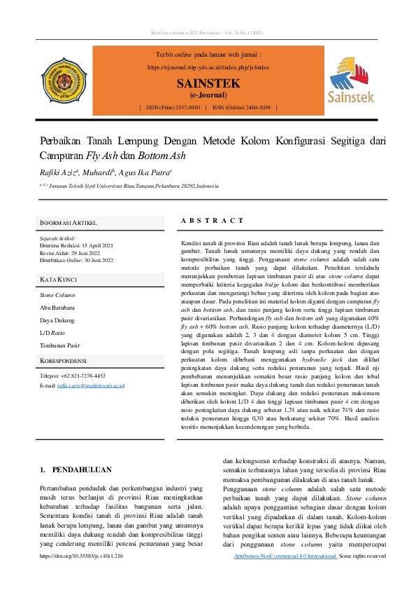 (PDF) Perbaikan Tanah Lempung Dengan Metode Kolom Konfigurasi Segitiga dari Campuran Fly Ash dan ...