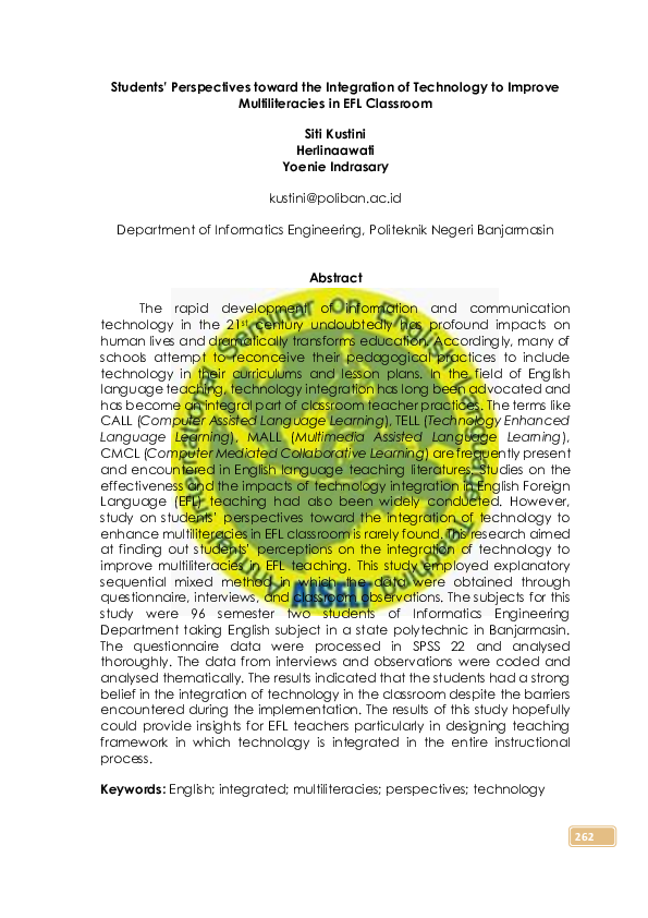 (PDF) Students’ Perspectives toward the Integration of Technology to ...