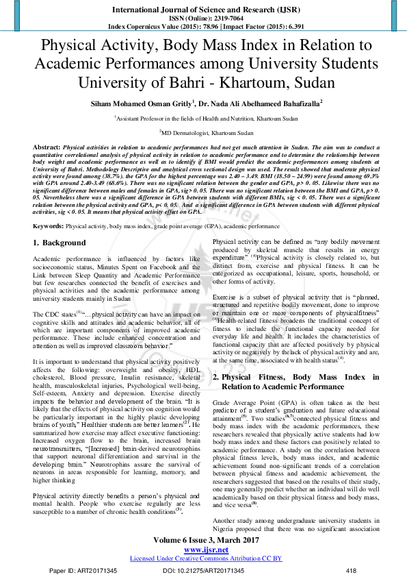 (PDF) Physical Activity, Body Mass Index in Relation to Academic Performances among University ...