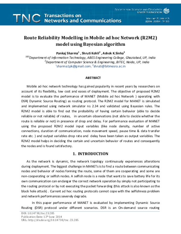 Pdf Route Reliability Modelling In Mobile Ad Hoc Network R2m2 Model Using Bayesian Algorithm