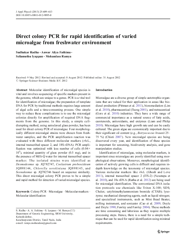(PDF) Direct colony PCR for rapid identification of varied microalgae ...