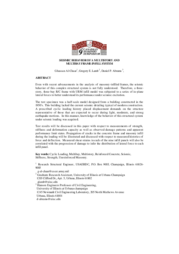 (PDF) Seismic Behavior of a Multistory and Multibay Frame-Infill System