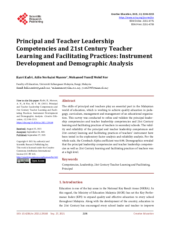(PDF) Principal and Teacher Leadership Competencies and 21st Century ...