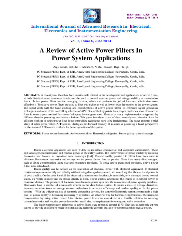 (PDF) A Review of Active Power Filters InPower System Applications