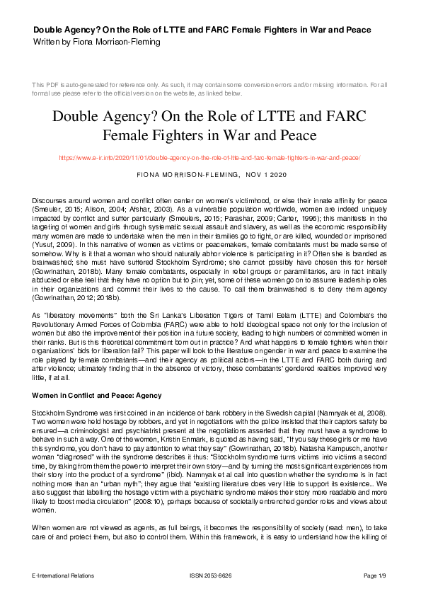 (PDF) Double Agency? On the Role of LTTE and FARC Female Fighters in ...