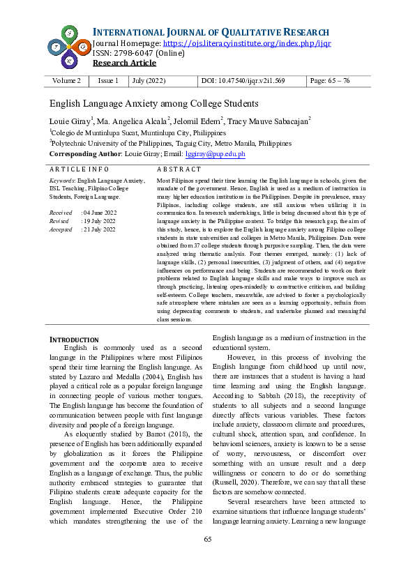 (PDF) English Language Anxiety among College Students