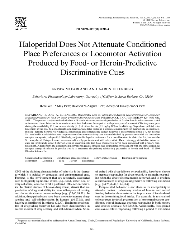 (PDF) Haloperidol Does Not Attenuate Conditioned Place Preferences or ...