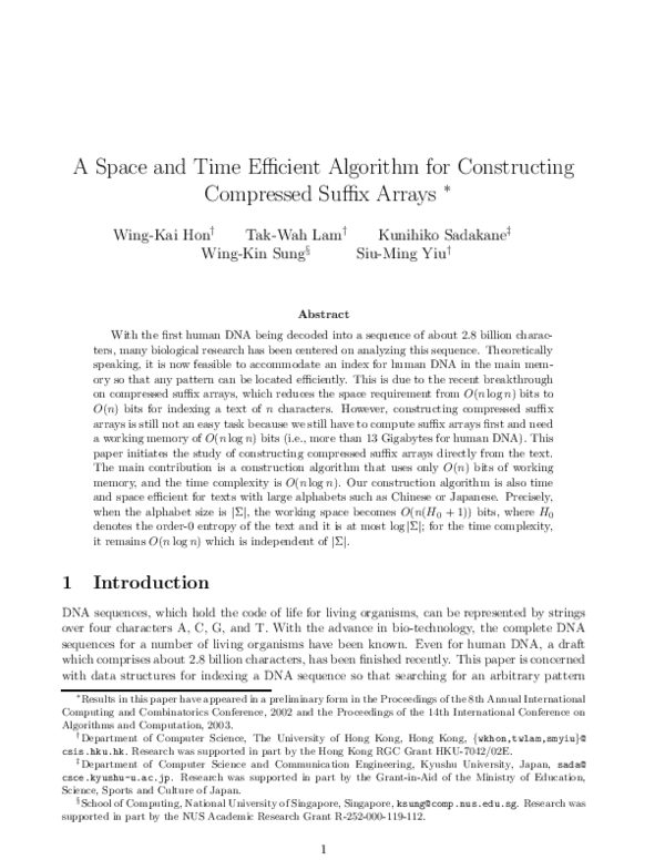 Pdf A Space And Time Efficient Algorithm For Constructing Compressed Suffix Arrays Wing Kai 