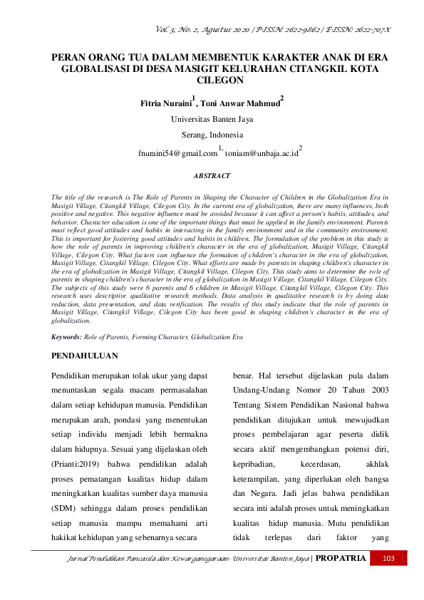 (PDF) Peran Orang Tua Dalam Membentuk Karakter Anak DI Era Globalisasi DI Desa Masigit Kelurahan ...