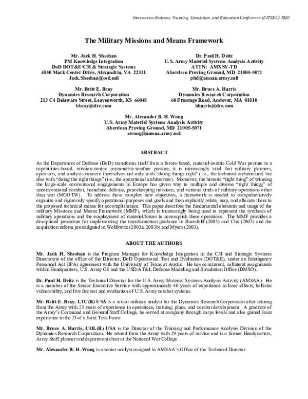 (PDF) The Military Missions and Means Framework