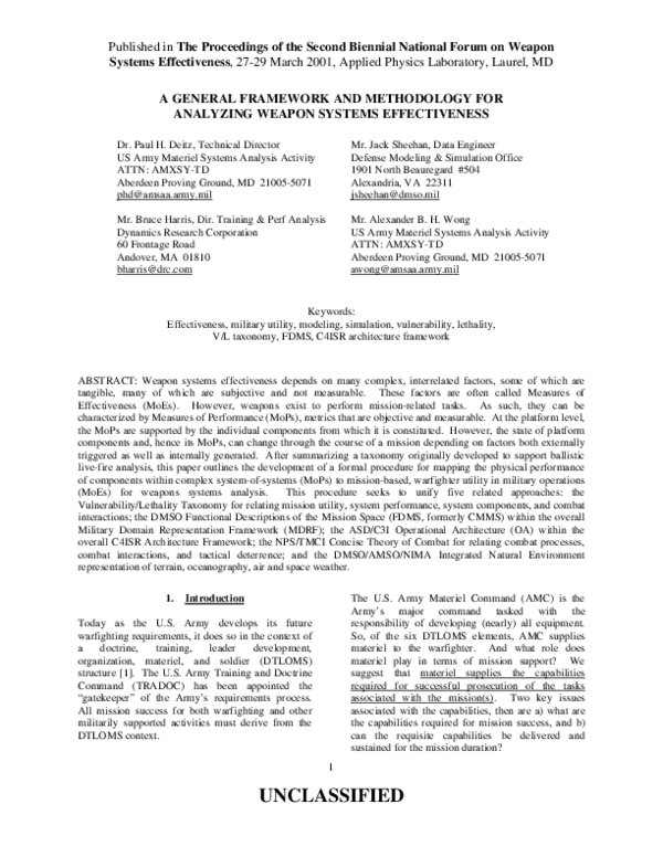 Pdf A General Framework And Methodology For Analyzing Weapon Systems Effectiveness