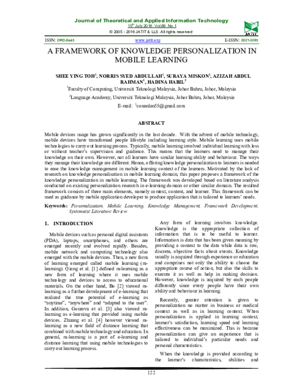 (PDF) Personalized Knowledge Framework for Mobile Learning
