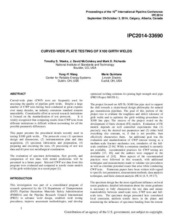 (PDF) Curved-Wide Plate Testing of X100 Girth Welds