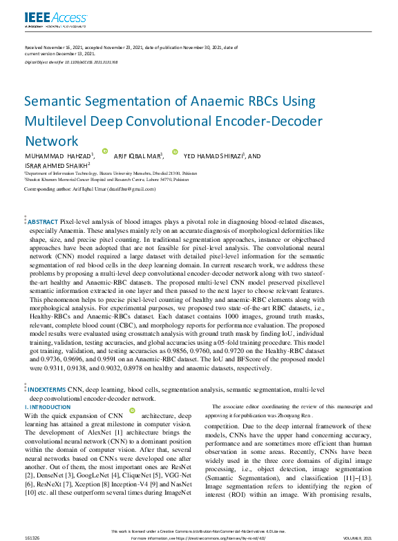 Pdf Semantic Segmentation Of Anaemic Rbcs Using Multilevel Deep Convolutional Encoder Decoder