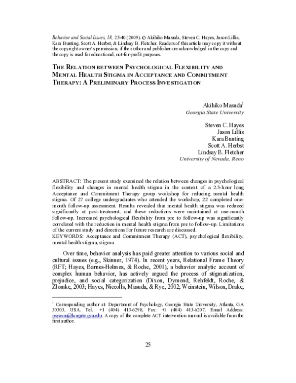 (PDF) The Relation between Psychological Flexibility and Mental Health Stigma in Acceptance and ...