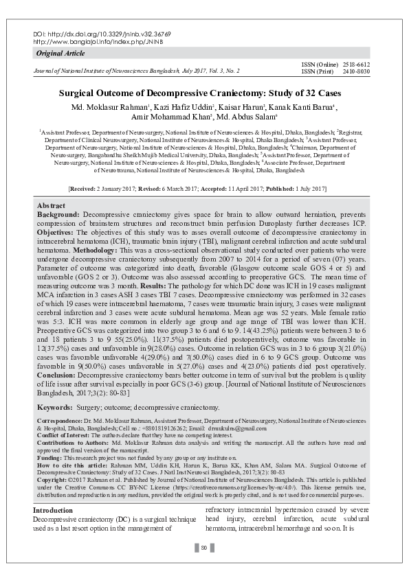 (PDF) Surgical Outcome of Decompressive Craniectomy: Study of 32 Cases