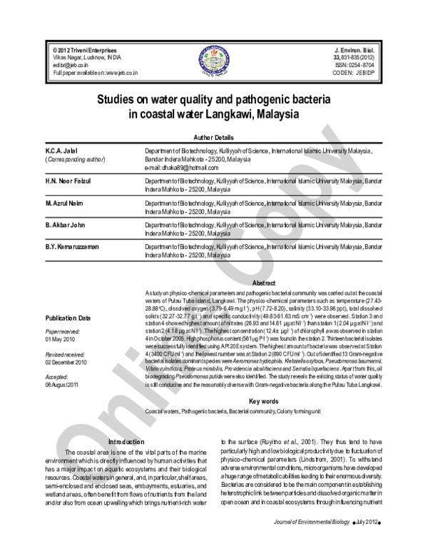 (PDF) Studies on water quality and pathogenic bacteria in coastal water ...