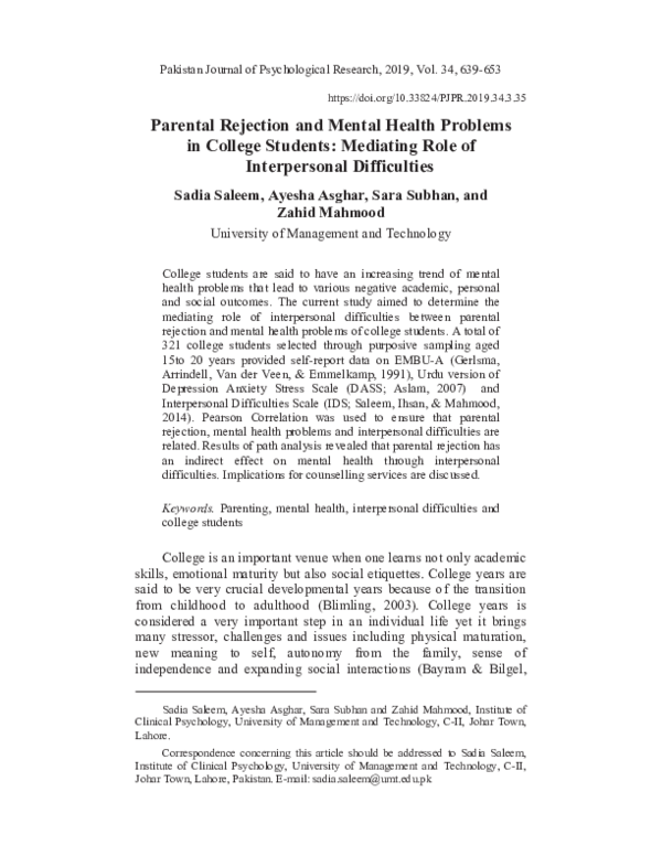 (PDF) Parental Rejection and Mental Health Problems in College Students ...