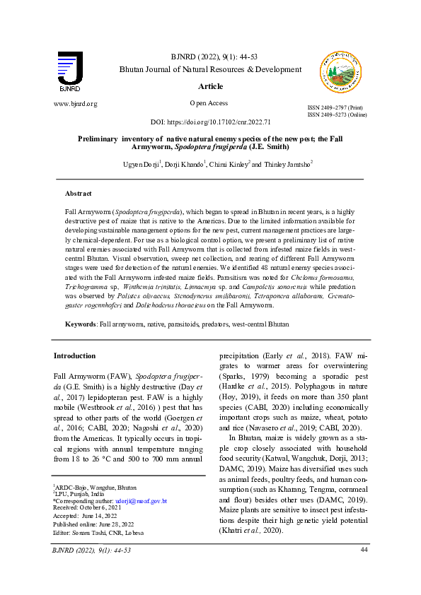 (PDF) Preliminary inventory of native natural enemies of the new pest; Fall armyworm (Spodoptera ...