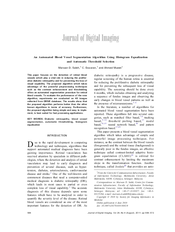 (PDF) An Automated Blood Vessel Segmentation Algorithm Using Histogram Equalization and ...