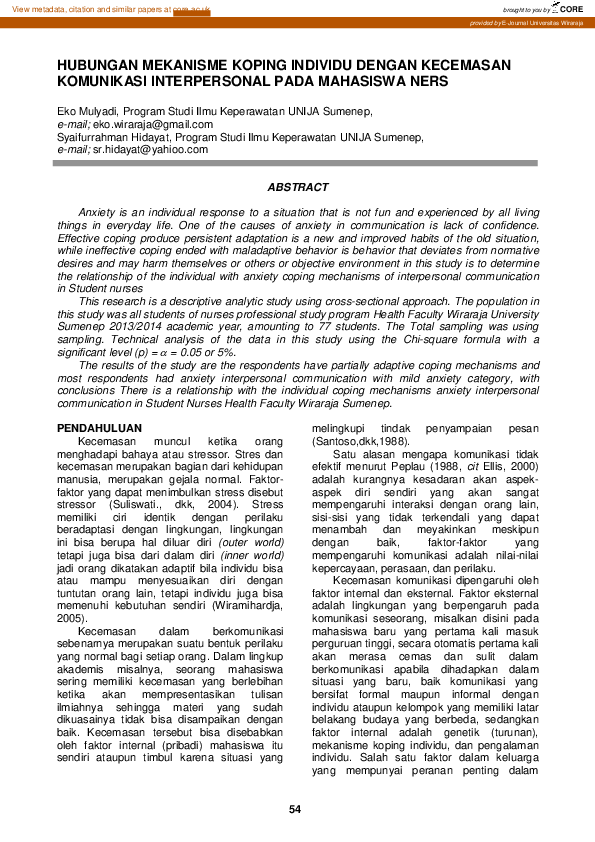 (PDF) Hubungan Mekanisme Koping Individu Dengan Kecemasan Komunikasi ...