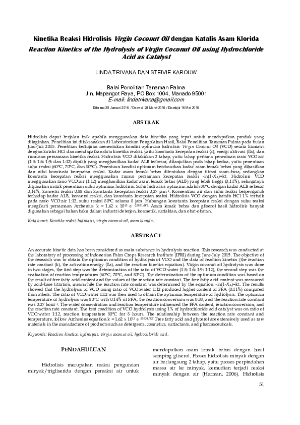 Pdf Kinetika Reaksi Hidrolisis Virgin Coconut Oil Dengan Katalis Asam Klorida Reaction