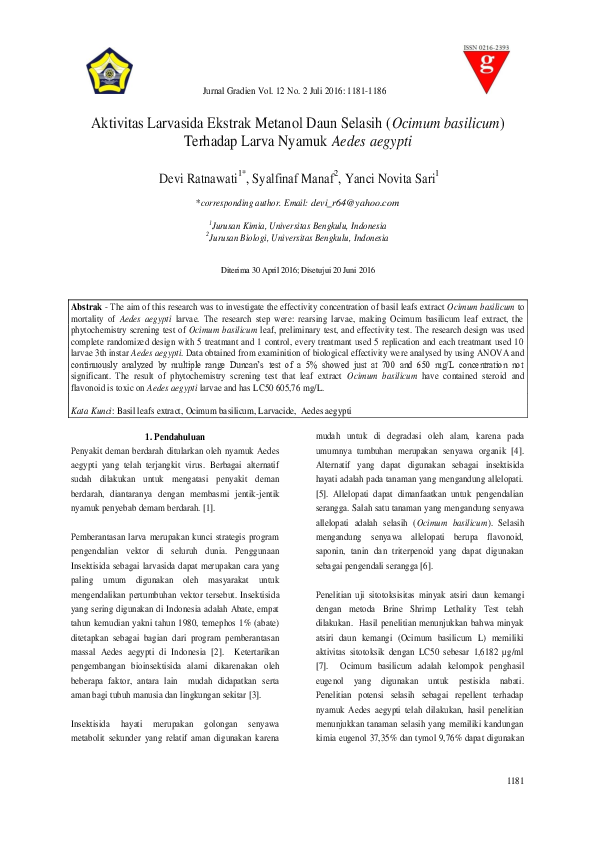 (PDF) Aktivitas Larvasida Ekstrak Metanol Daun Selasih (Ocimum ...