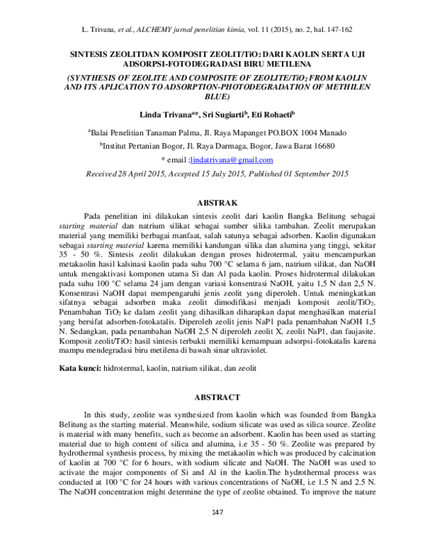 Pdf Synthesis Of Zeolite And Composite Of Zeolitetio2 From Kaolin