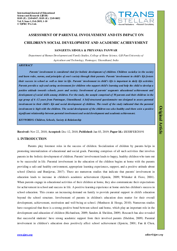 (PDF) Assessment of Parental Involvement and its Impact on Children’s Social Development and ...