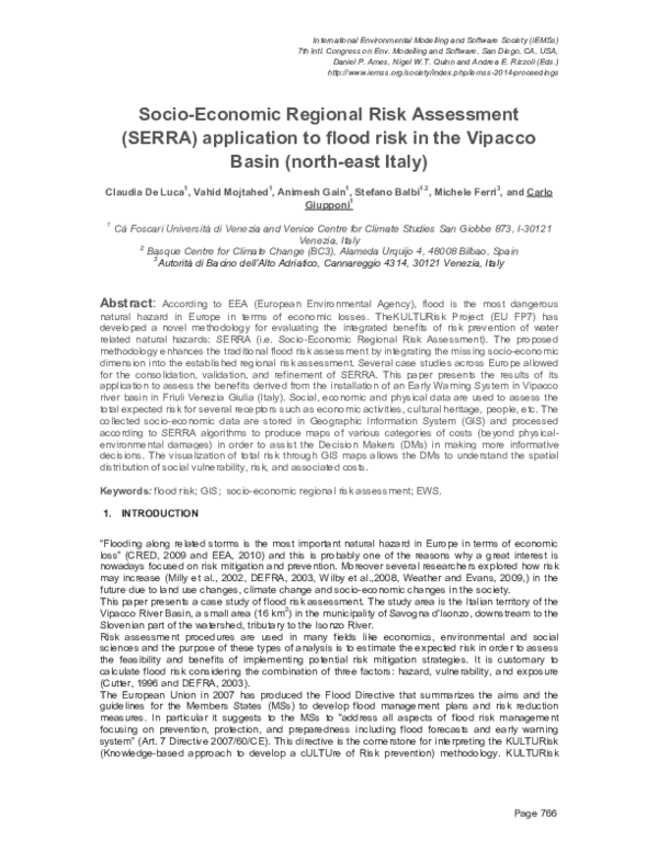 (PDF) Socio-Economic Regional Risk Assessment (SERRA) application to flood risk in the Vipacco ...