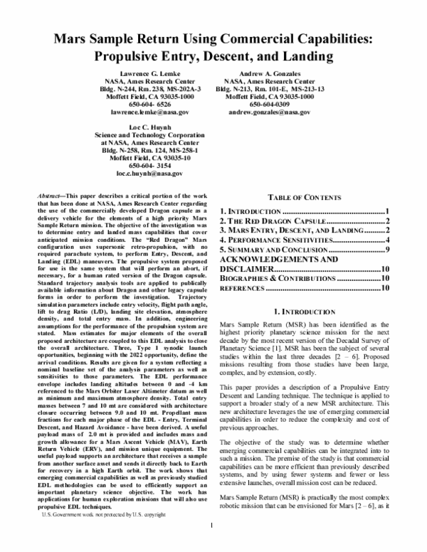 (PDF) Mars Sample Return using commercial capabilities: Mission ...