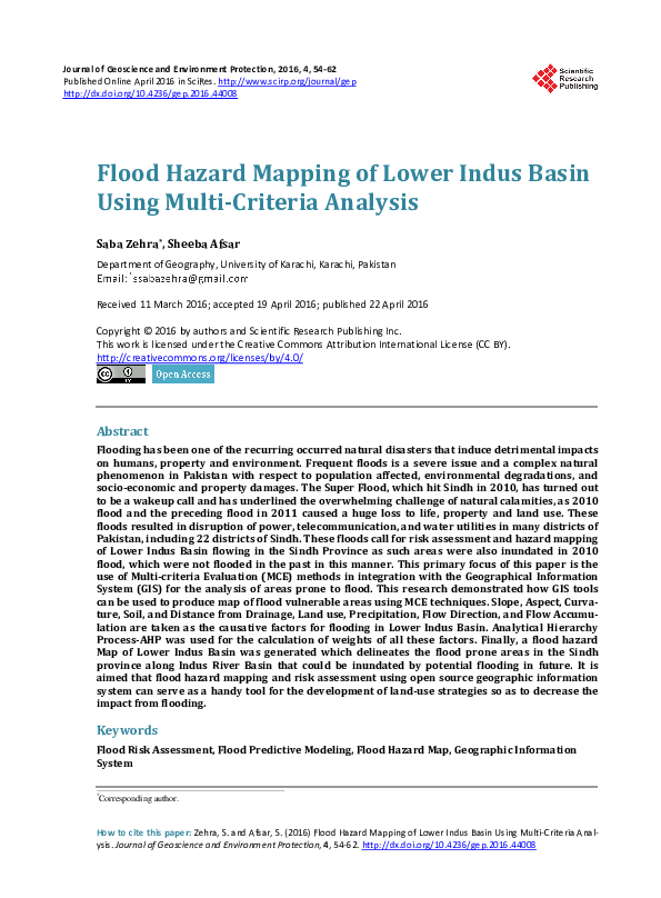 (PDF) Flood Hazard Mapping of Lower Indus Basin Using Multi-Criteria Analysis
