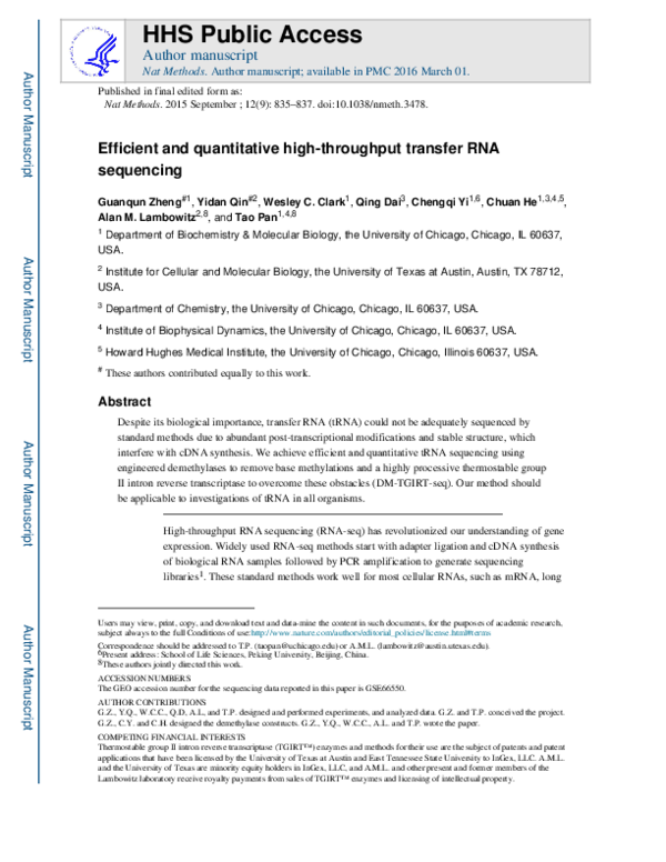 (PDF) Efficient and quantitative high-throughput tRNA sequencing