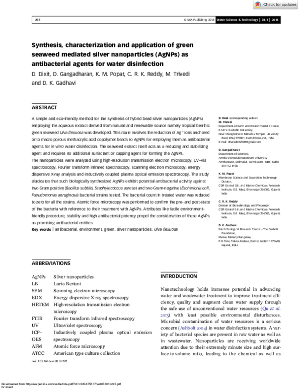 (PDF) Synthesis, characterization and application of green seaweed mediated silver nanoparticles ...