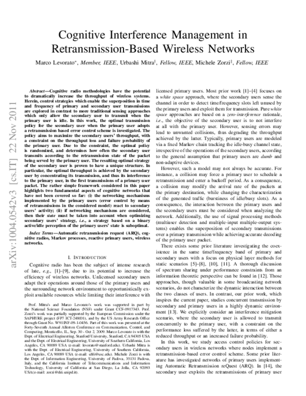 (PDF) Cognitive Interference Management in Retransmission-Based Wireless Networks