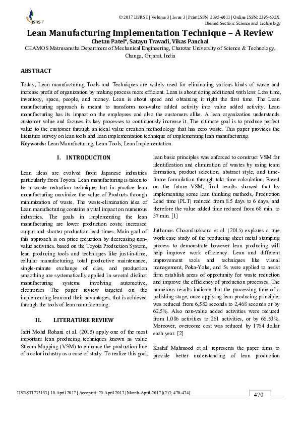 (PDF) Lean Manufacturing Implementation Technique A review